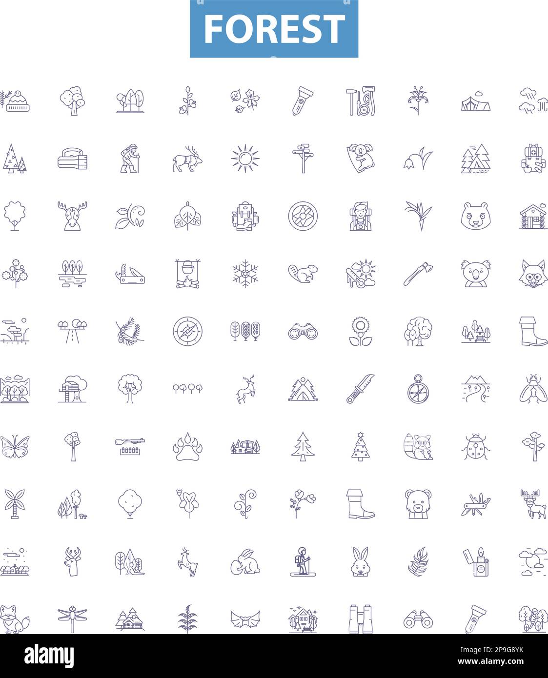 Forest line icons, signs set. Woodland, Trees, Jungle, Grove, Bush ...