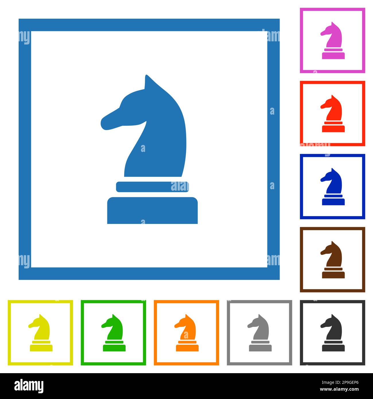 Black chess knight flat color icons in square frames on white ...