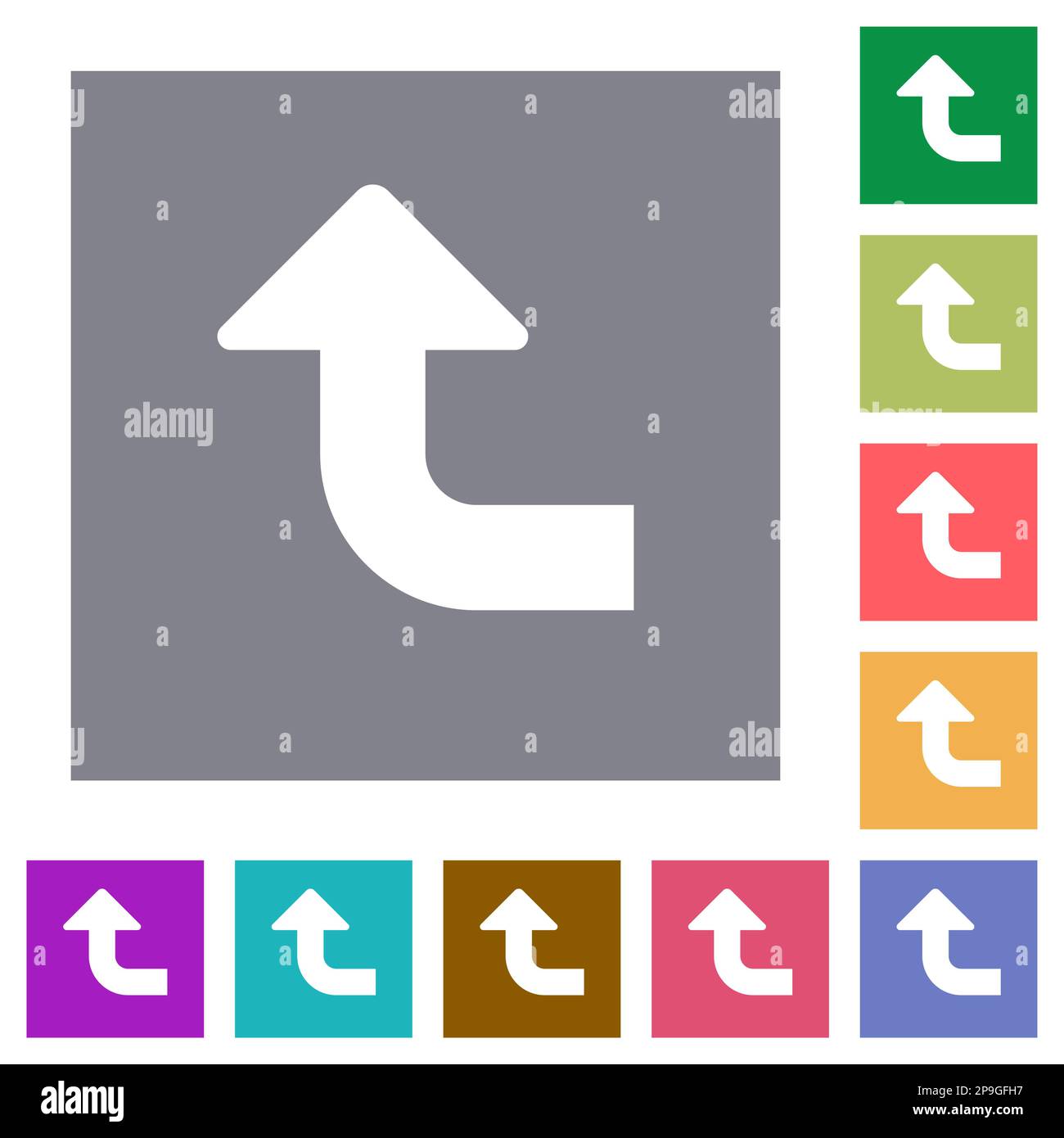 Left top side turn arrow solid flat icons on simple color square ...