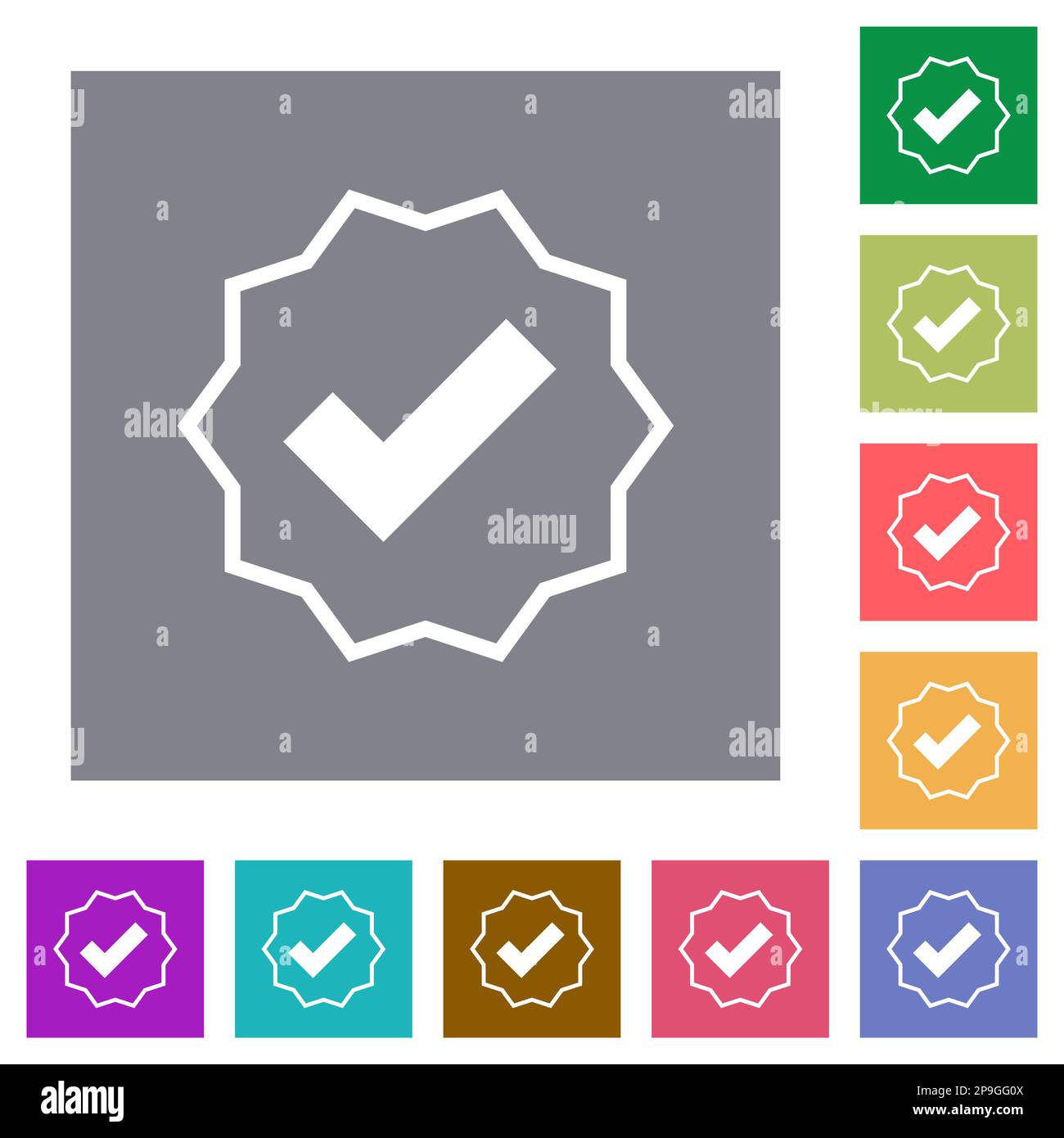 Verified sticker outline flat icons on simple color square backgrounds ...