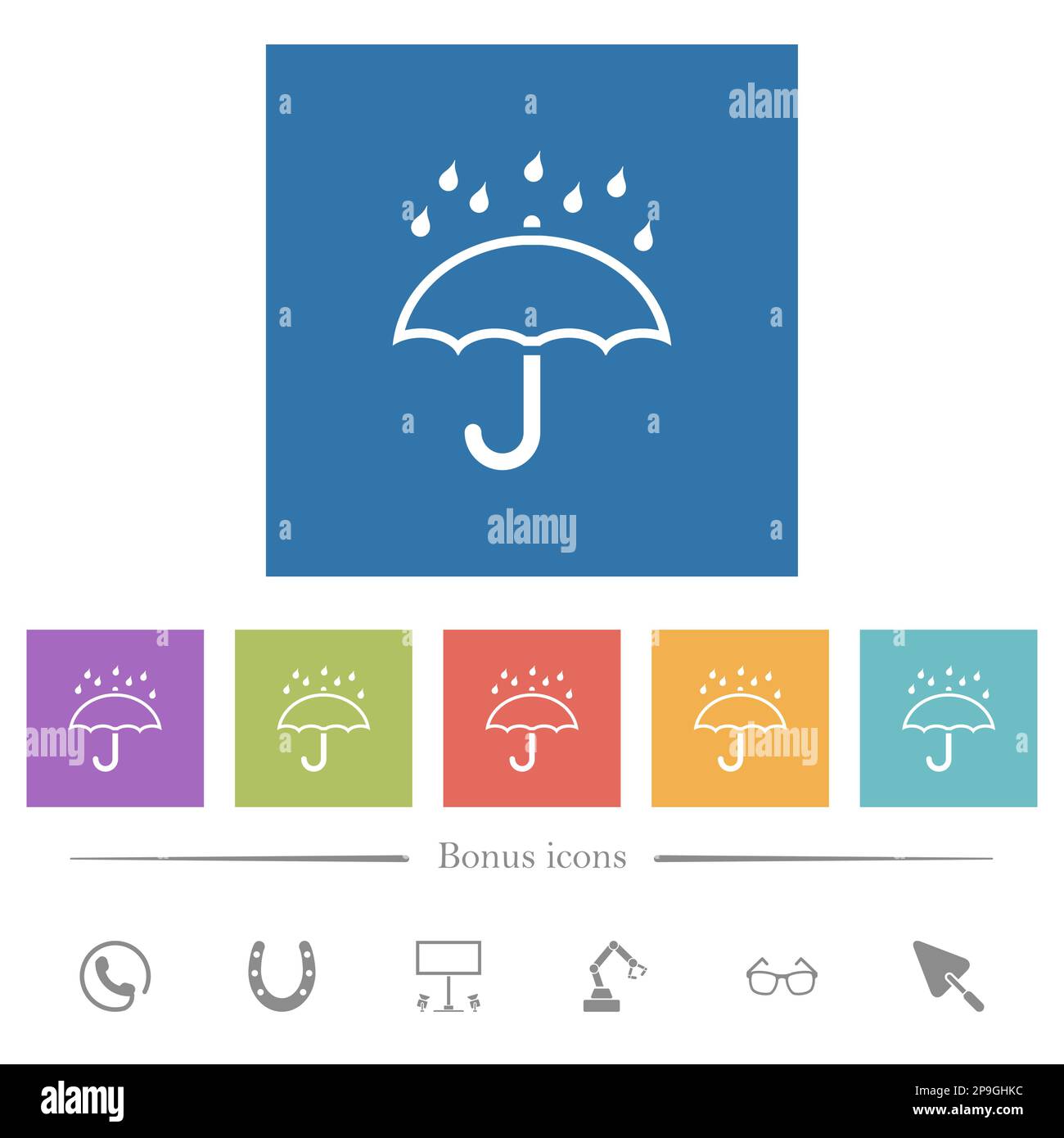 Umbrella with rain outline flat white icons in square backgrounds. 6 ...