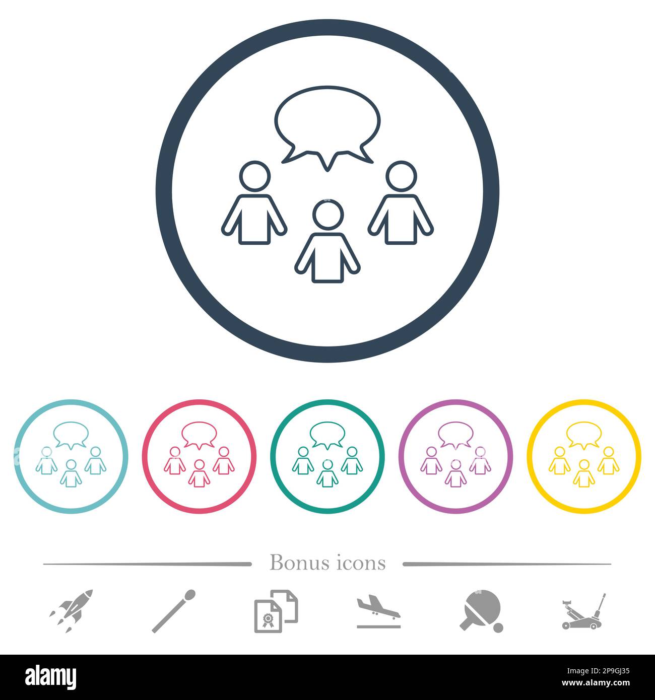 Three talking persons with oval bubble outline flat color icons in ...