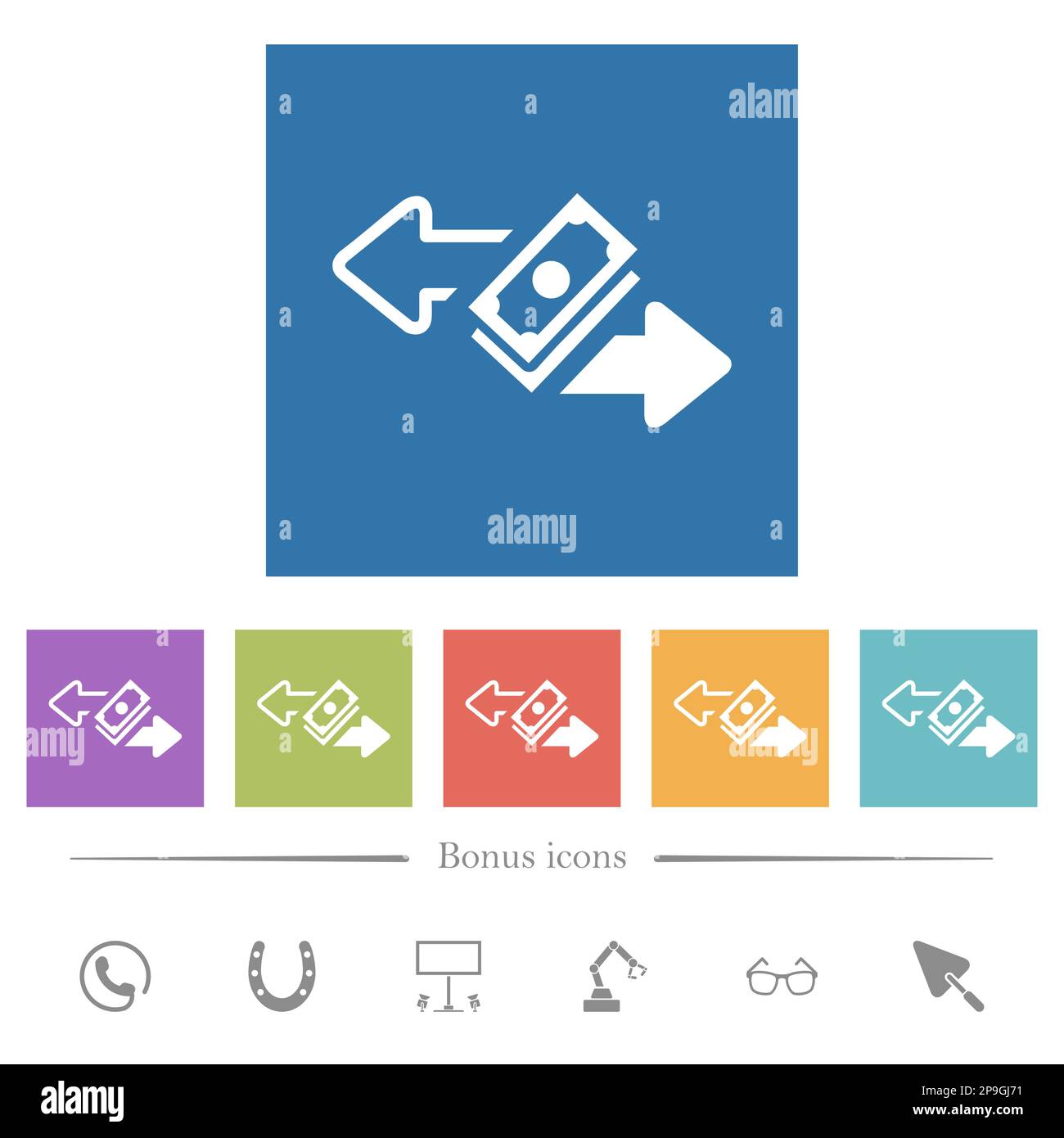 Money transactions flat white icons in square backgrounds. 6 bonus ...