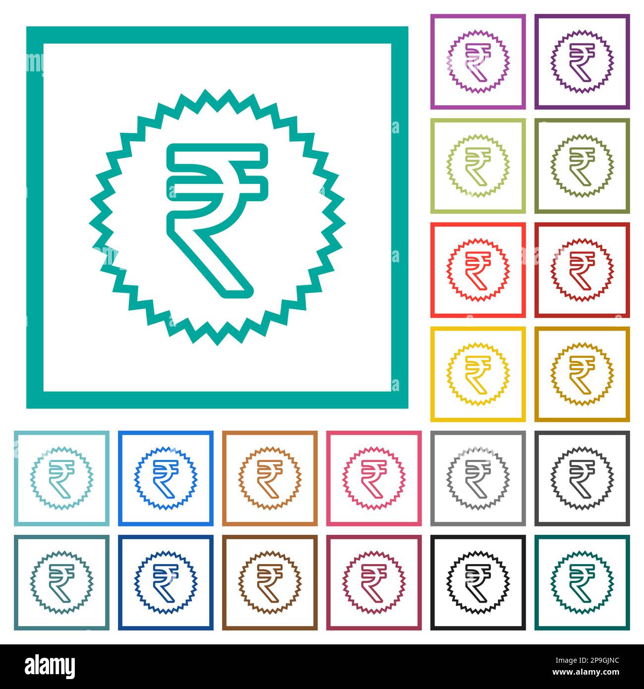 Indian Rupee sticker outline flat color icons with quadrant frames on ...