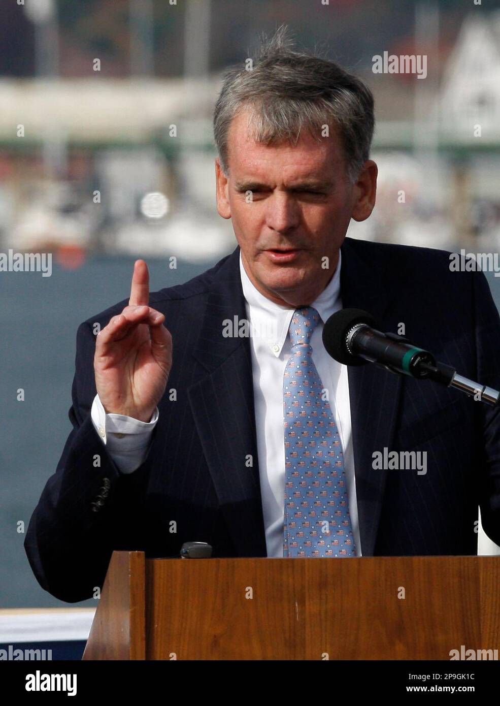 Sen. Judd Gregg, R-N.H., speaks at commissioning of the Virginia-class ...