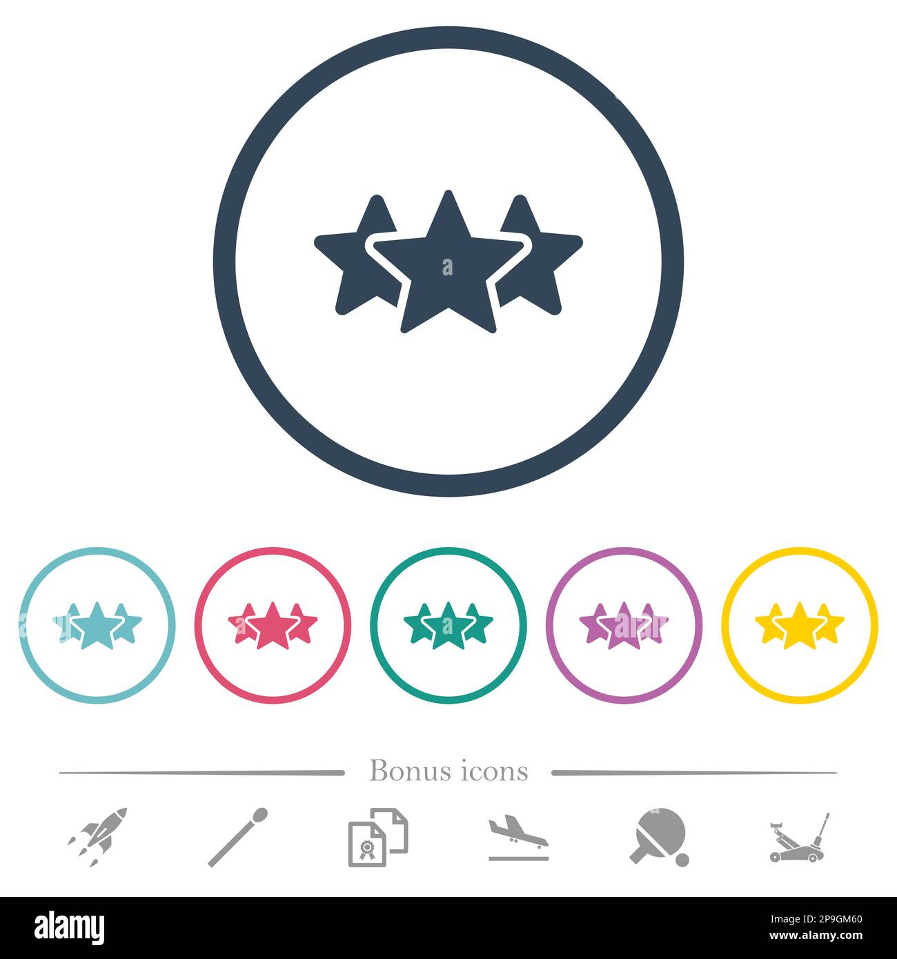 Three star rating solid flat color icons in round outlines. 6 bonus ...