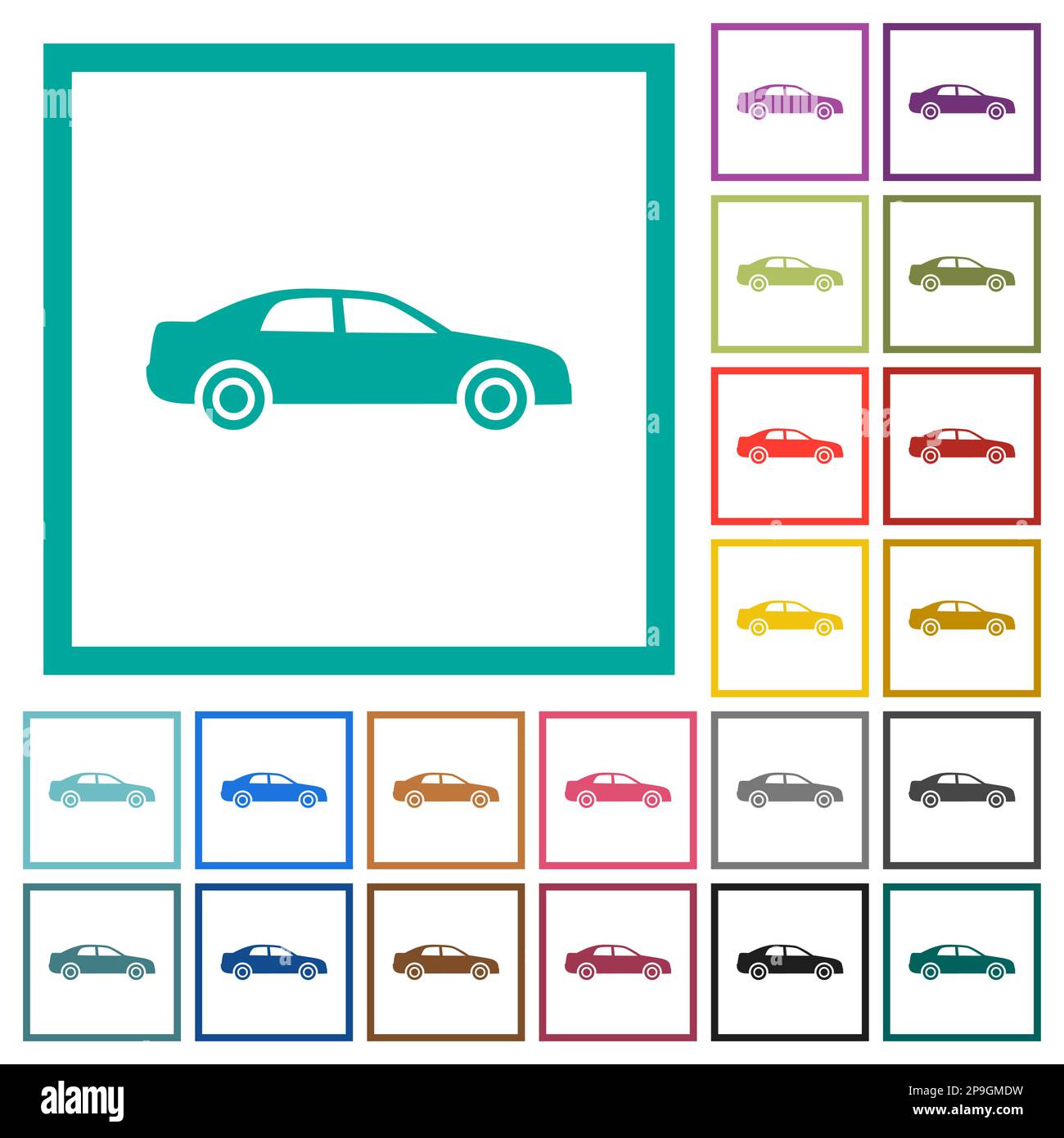 Car side view solid flat color icons with quadrant frames on white ...