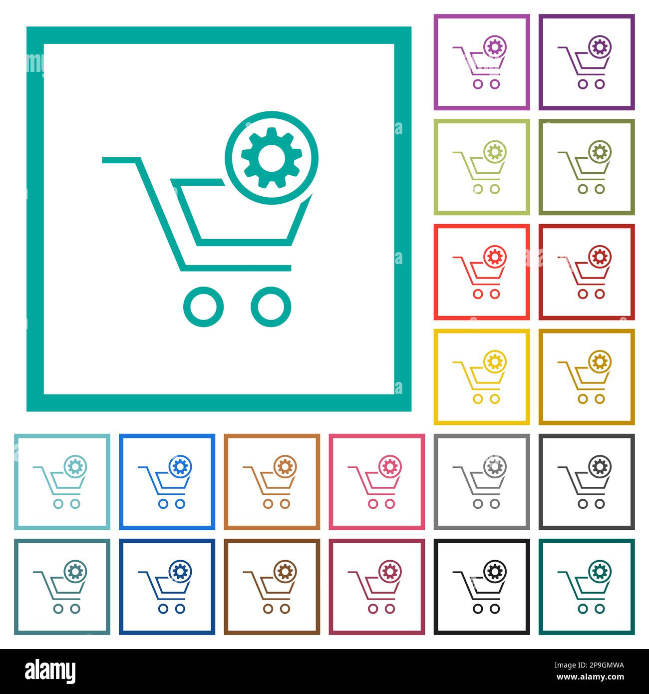 Cart settings outline flat color icons with quadrant frames on white ...