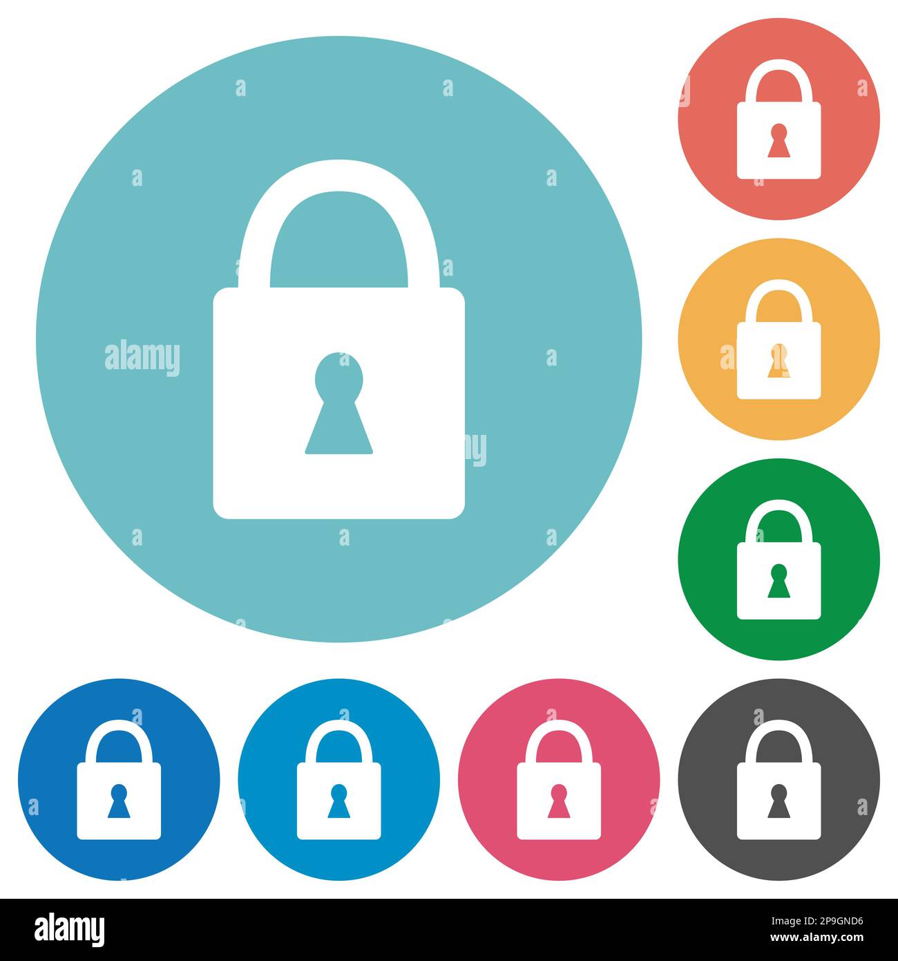 Locked padlock with keyhole solid flat white icons on round color ...