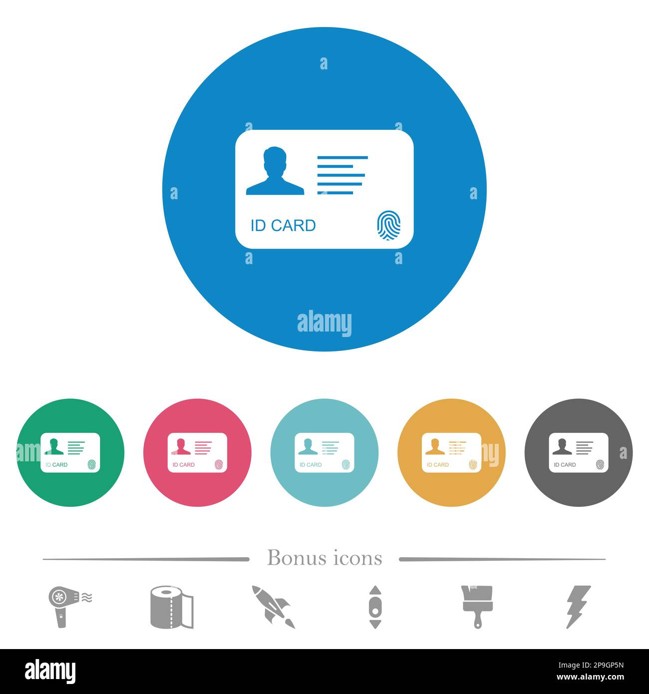 ID card with fingerprint flat white icons on round color backgrounds. 6 ...