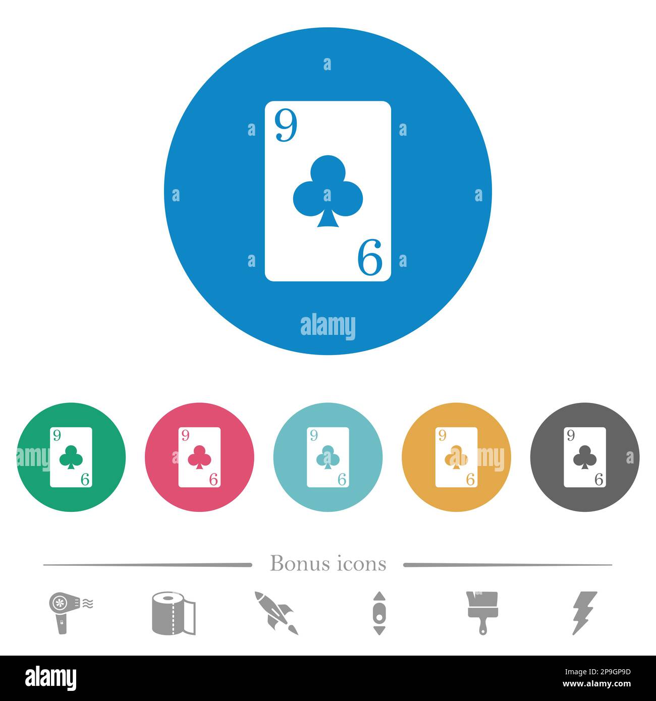 Nine of clubs card flat white icons on round color backgrounds. 6 bonus ...