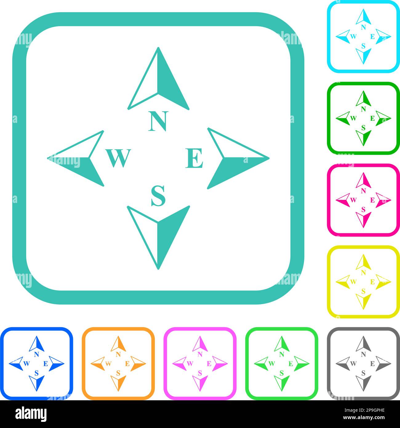 Compass directions vivid colored flat icons in curved borders on white ...