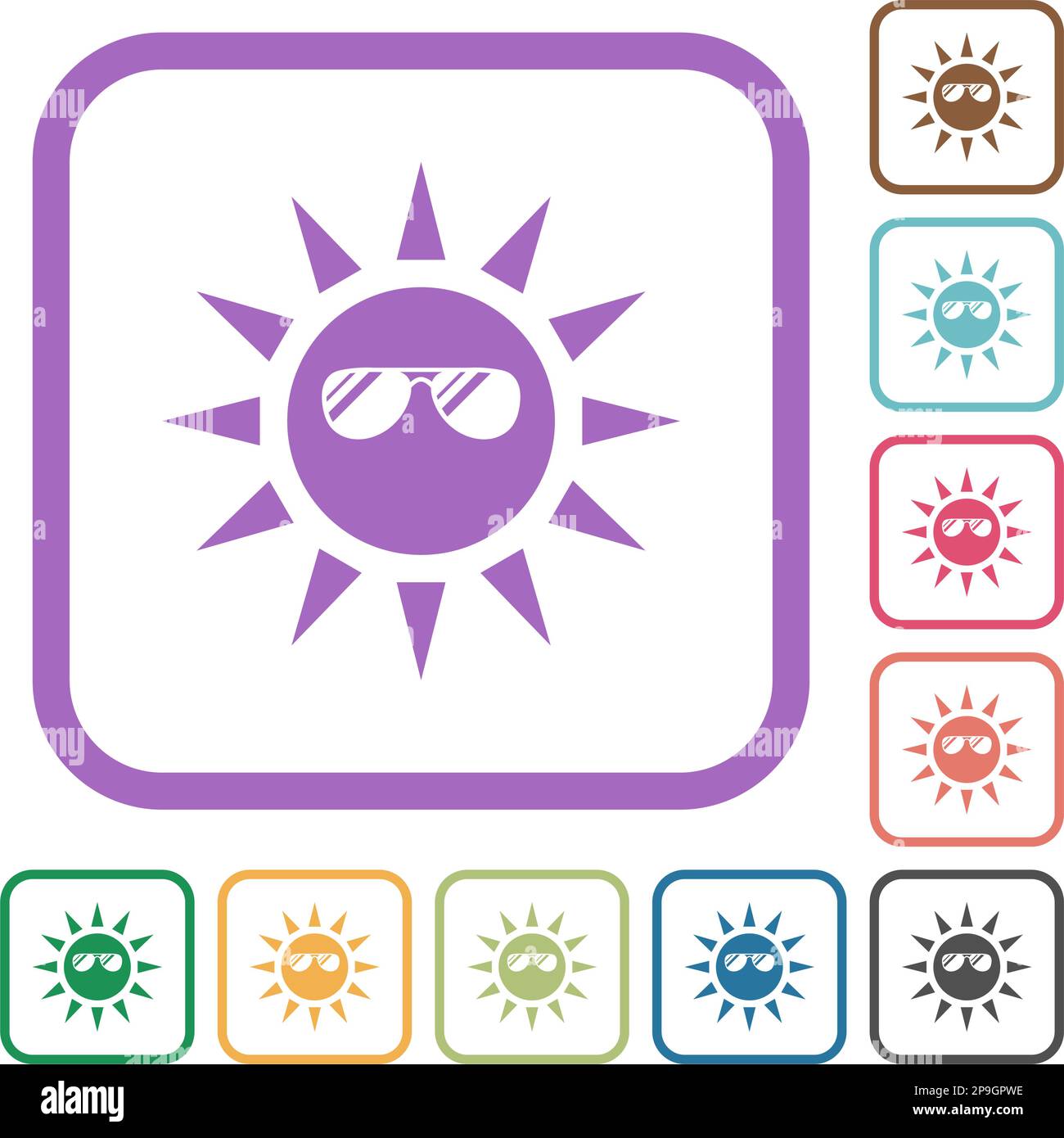 Sun with glossy sunglasses simple icons in color rounded square frames ...