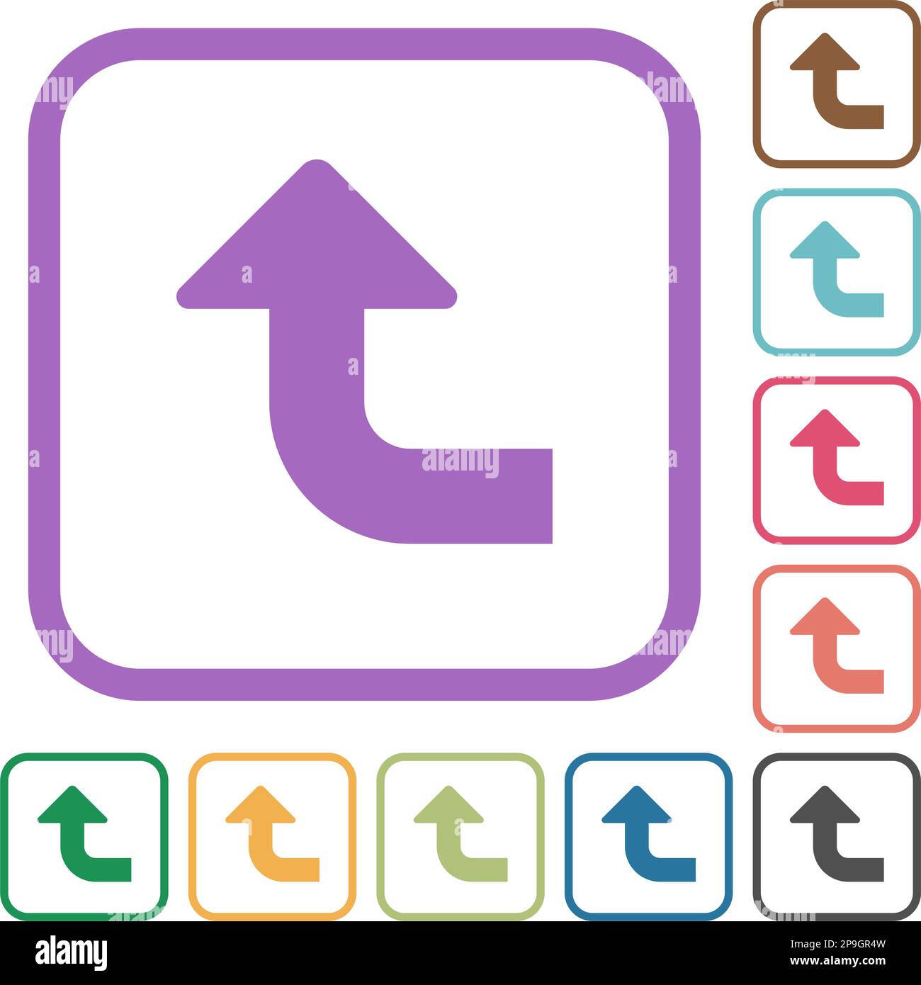 Left top side turn arrow solid simple icons in color rounded square frames on white background ...