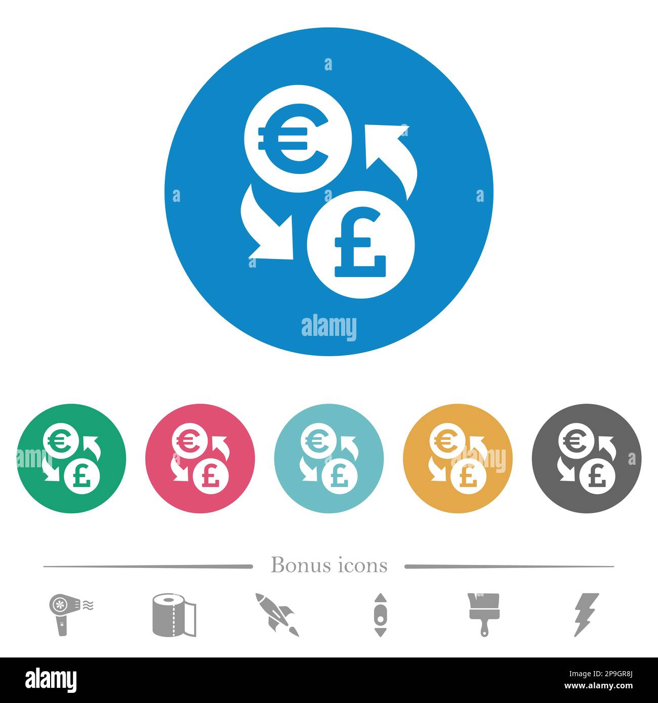 Euro Pound money exchange flat white icons on round color backgrounds ...