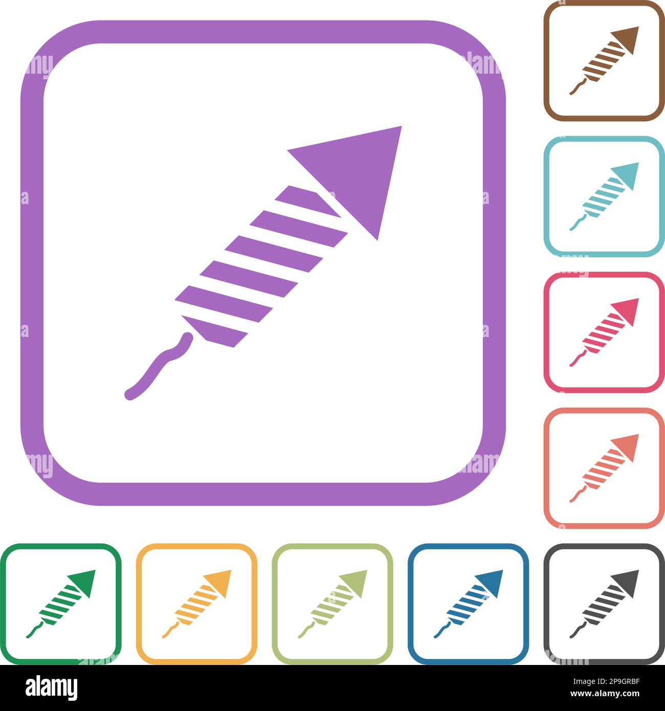 Firework rocket simple icons in color rounded square frames on white ...