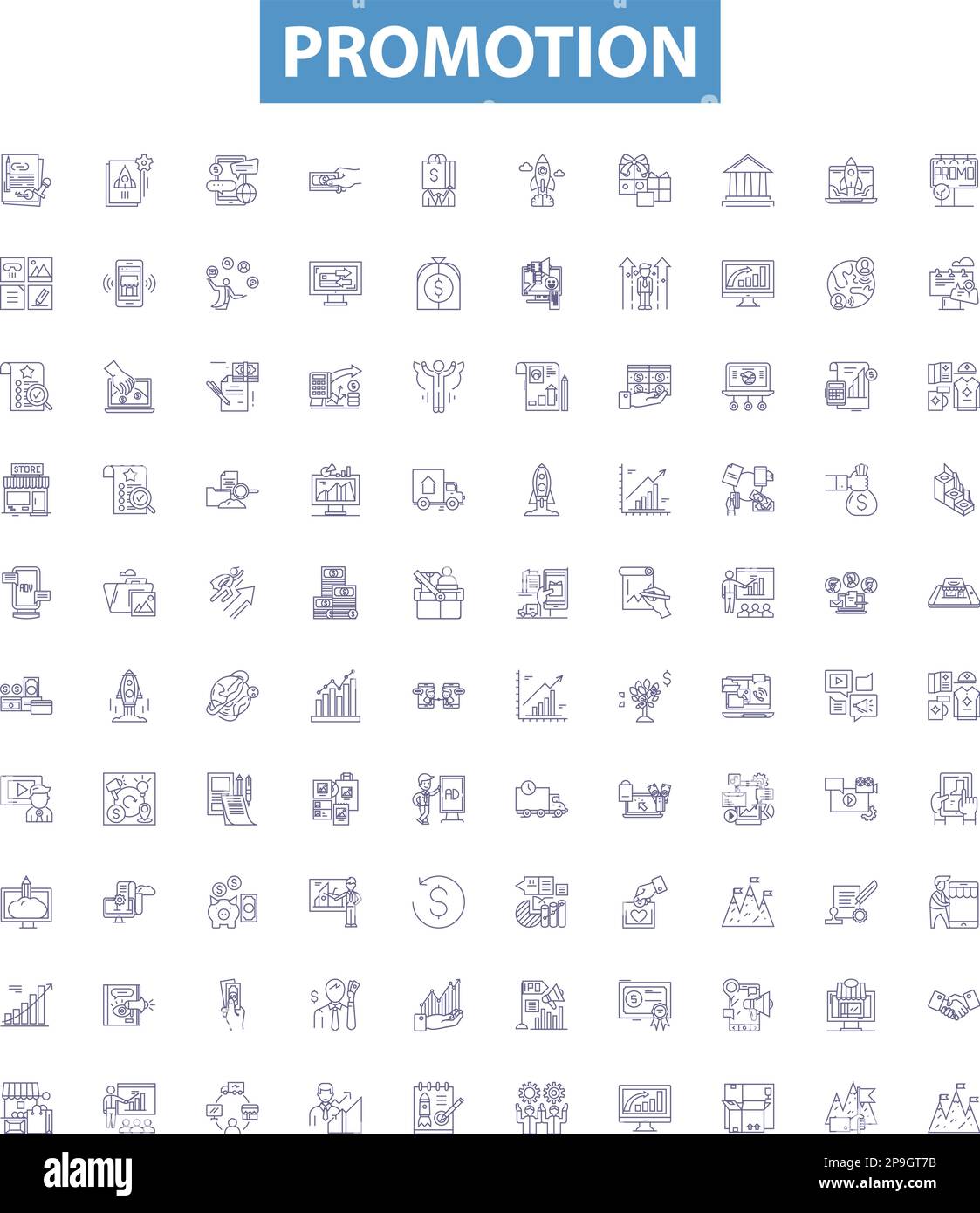 Promotion line icons, signs set. Advertising, Push, Campaign, Launch ...