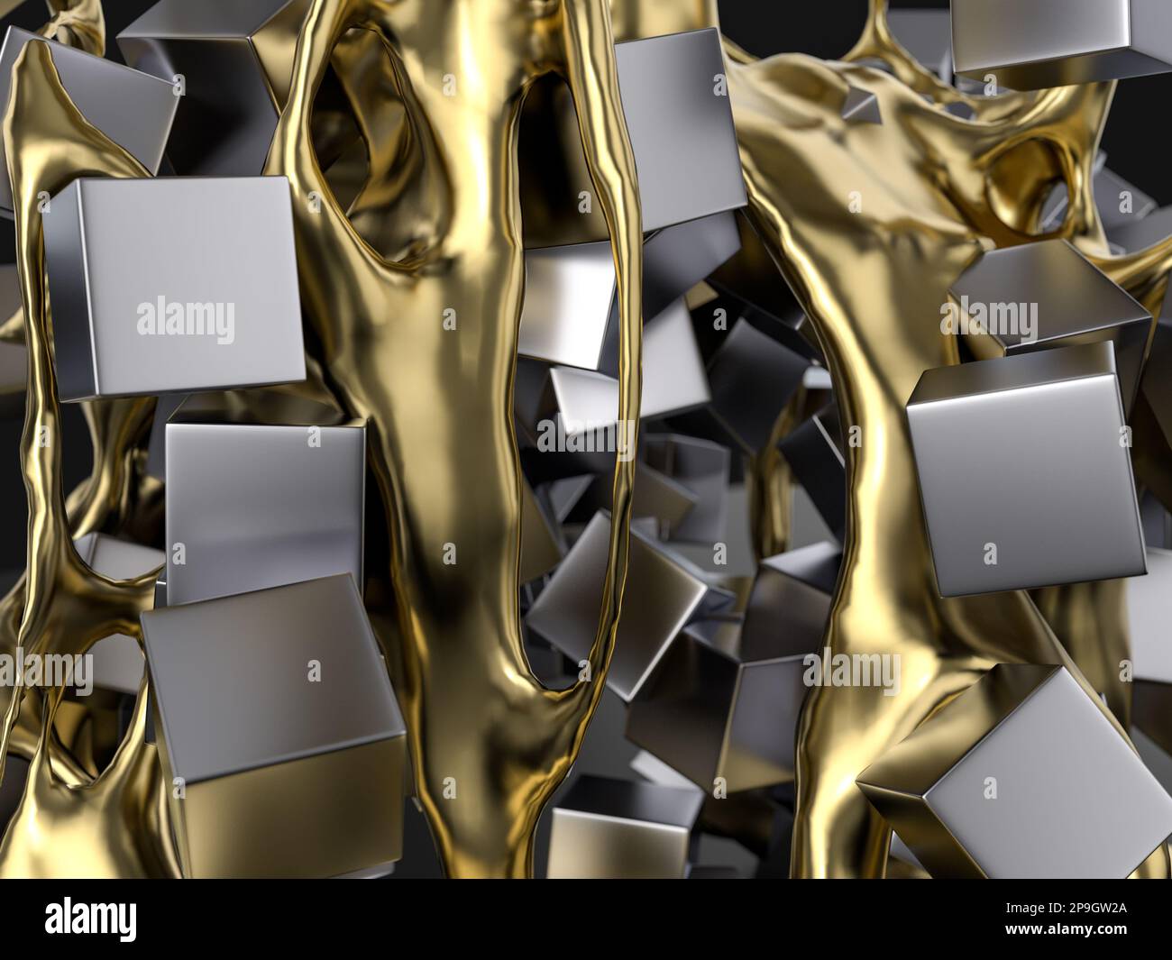 Molten gold on black cubes. 3d illustration Stock Photo - Alamy
