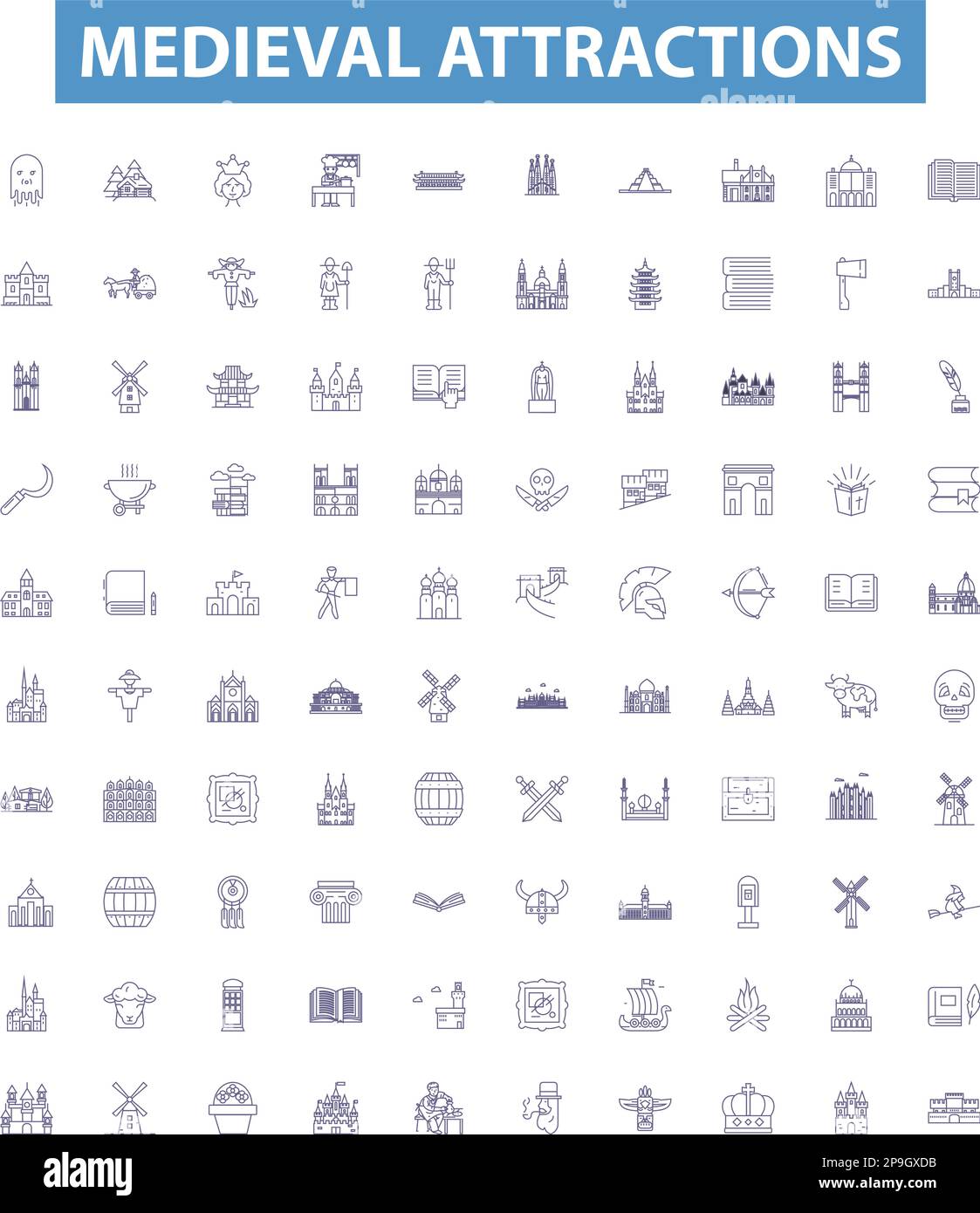 Medieval attractions line icons, signs set. Castles, Dungeons, Weapons ...