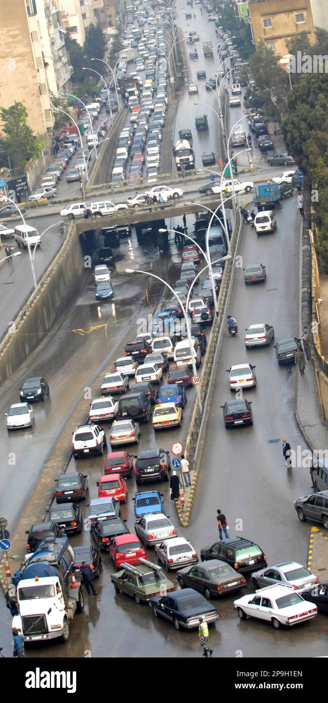Cars are seen stuck in traffic, as heavy rain hits the capital Beirut ...