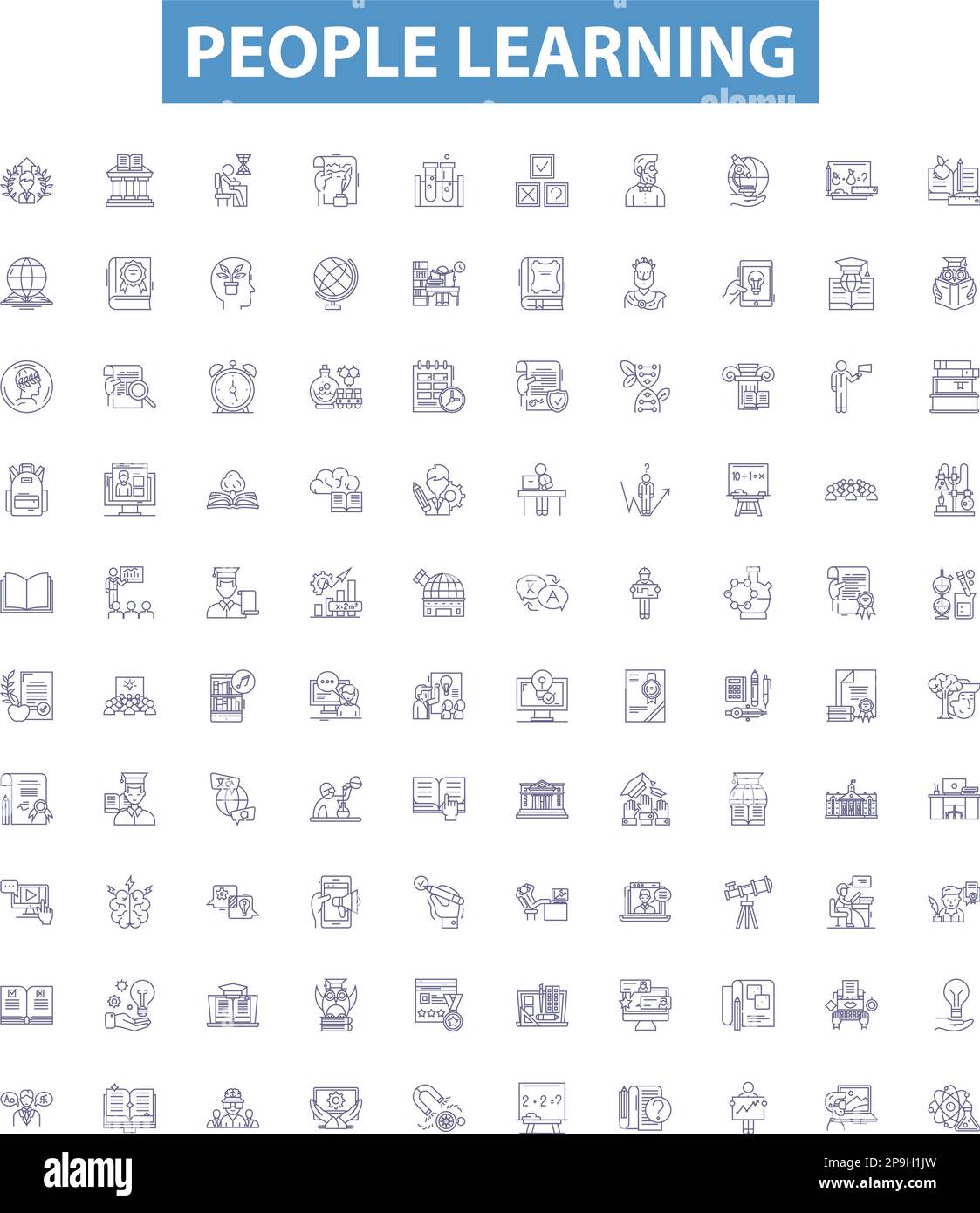 People learning line icons, signs set. Studying, Educating, Instructing ...