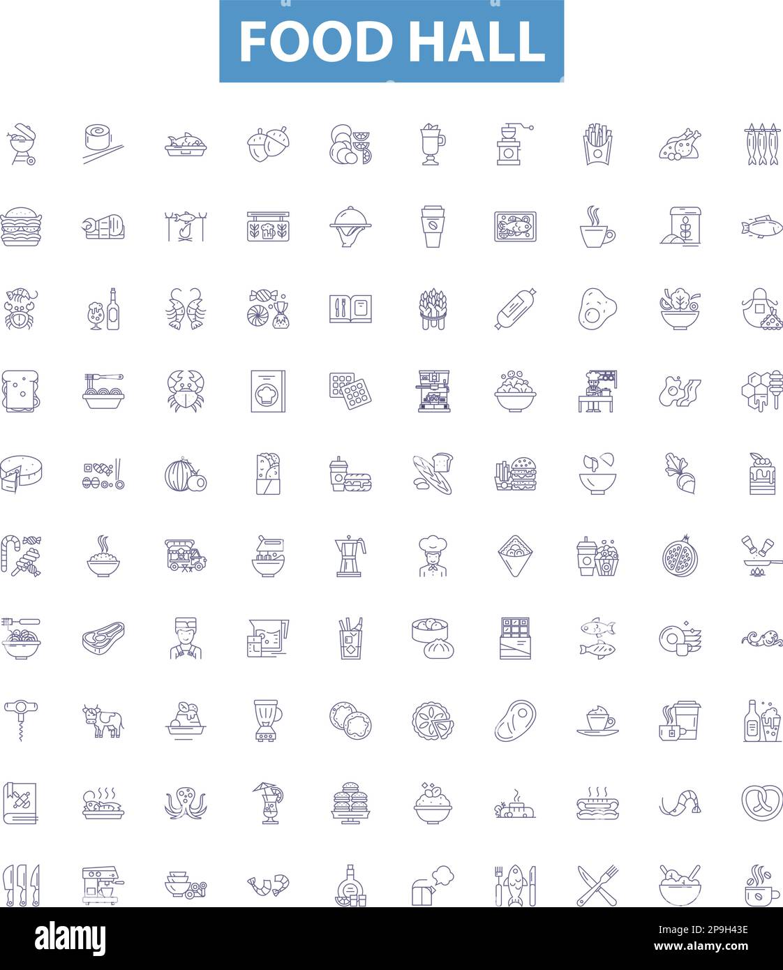 Food hall line icons, signs set. Cafeteria, Delicatessen, Restaurant ...