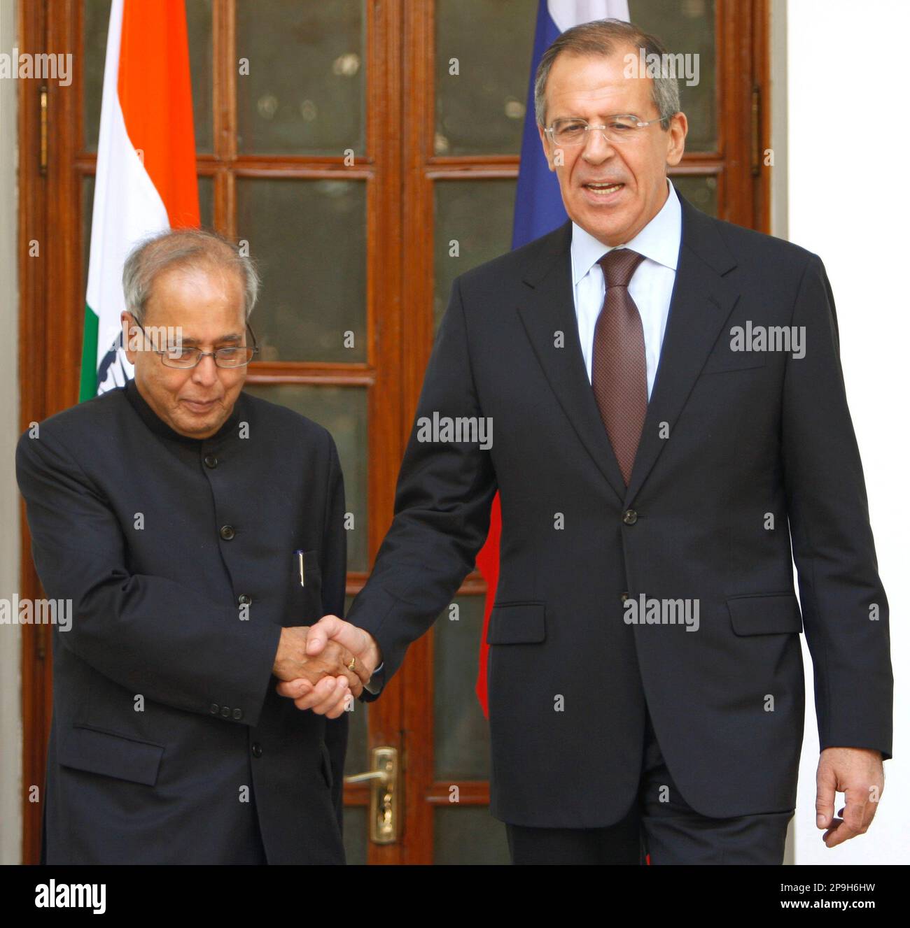 Indian Foreign Minister Pranab Mukherjee, left, greets his Russian ...