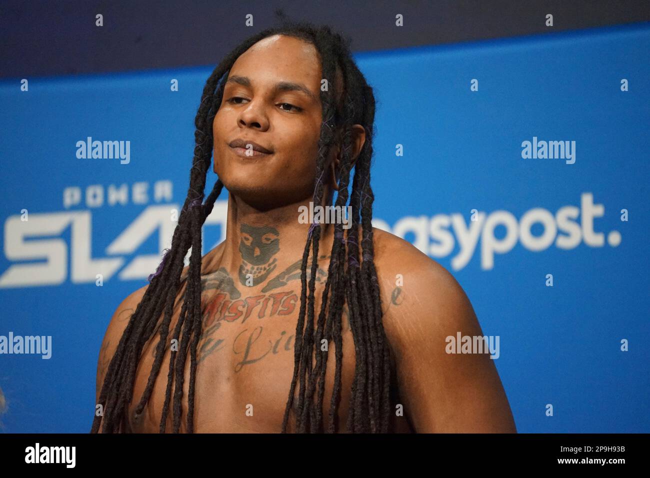 LAS VEGAS, NV - MARCH 10: Ayjay Hintz weighs in for their fight at the ...