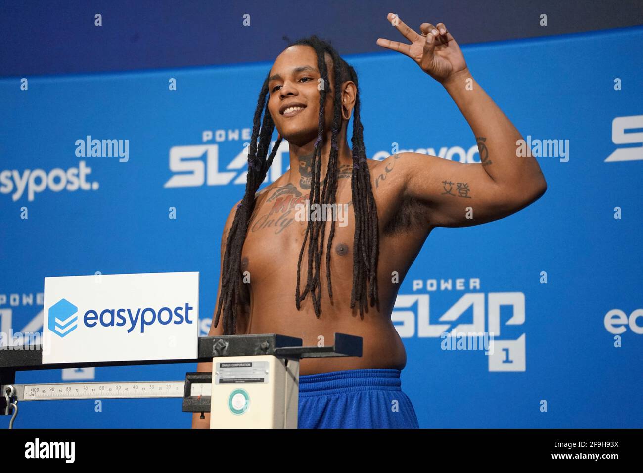 LAS VEGAS, NV - MARCH 10: Ayjay Hintz weighs in for their fight at the ...