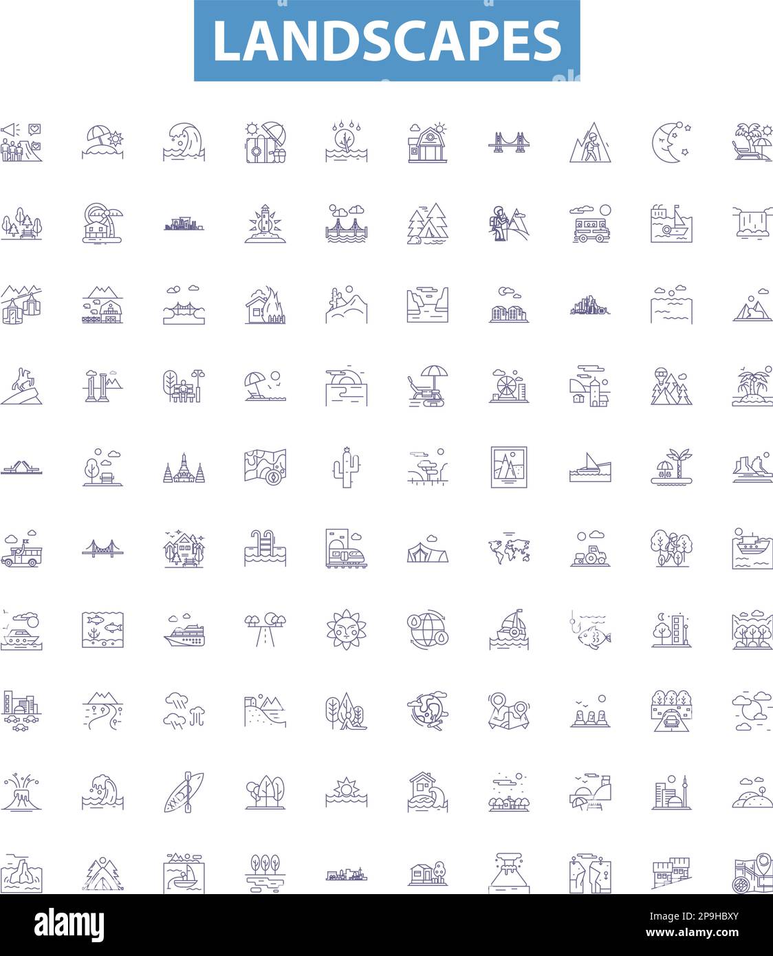 Landscapes line icons, signs set. Vista, Scenery, Terrain, Skyline ...