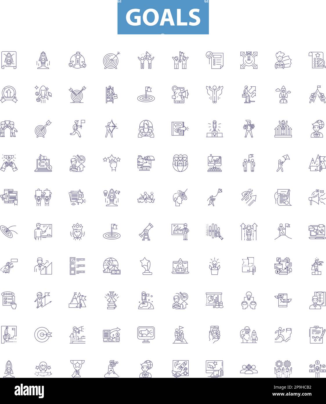 Goals line icons, signs set. Aim, Purpose, Target, End, Plan, Objective ...