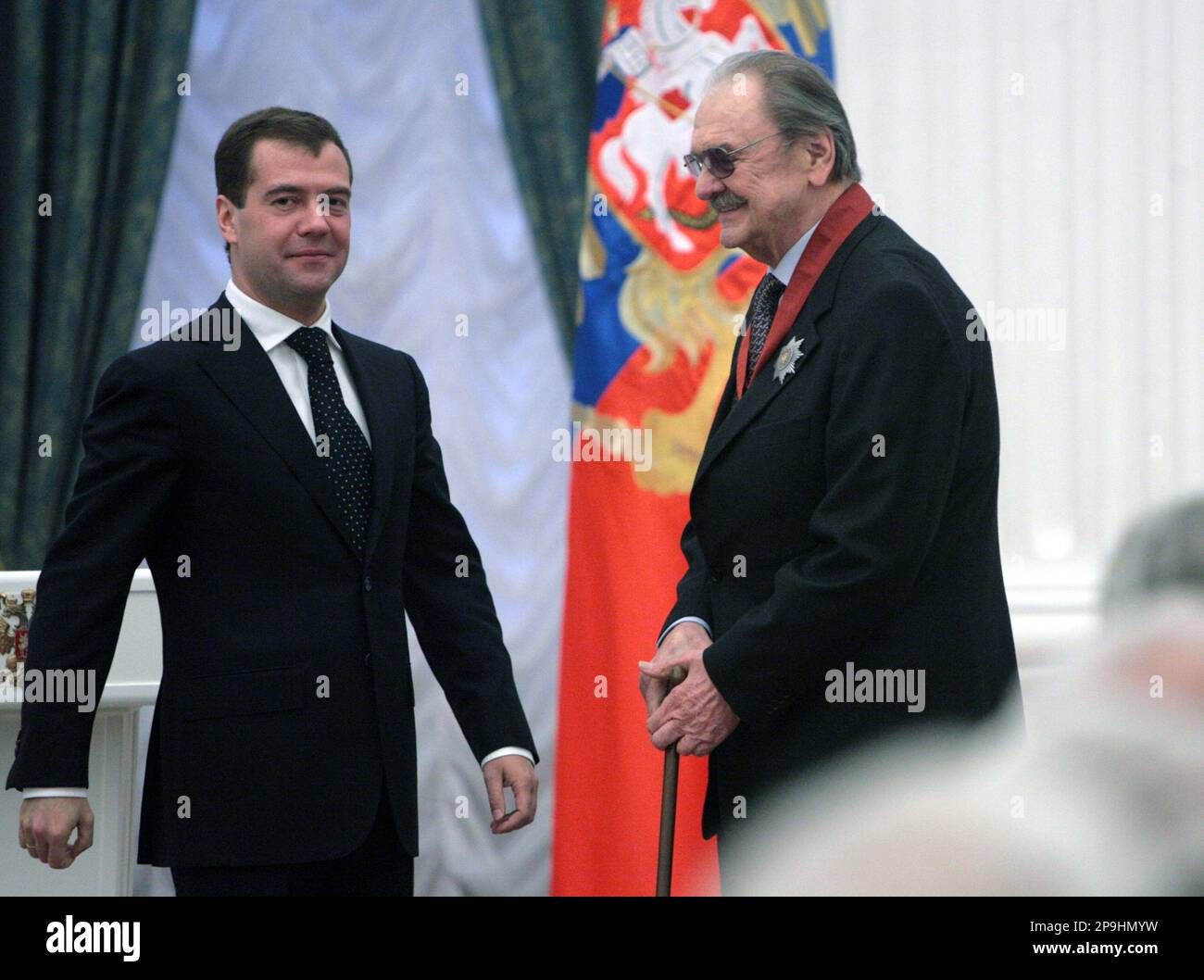 Russian President Dmitry Medvedev, left, greets famous Russian actor ...