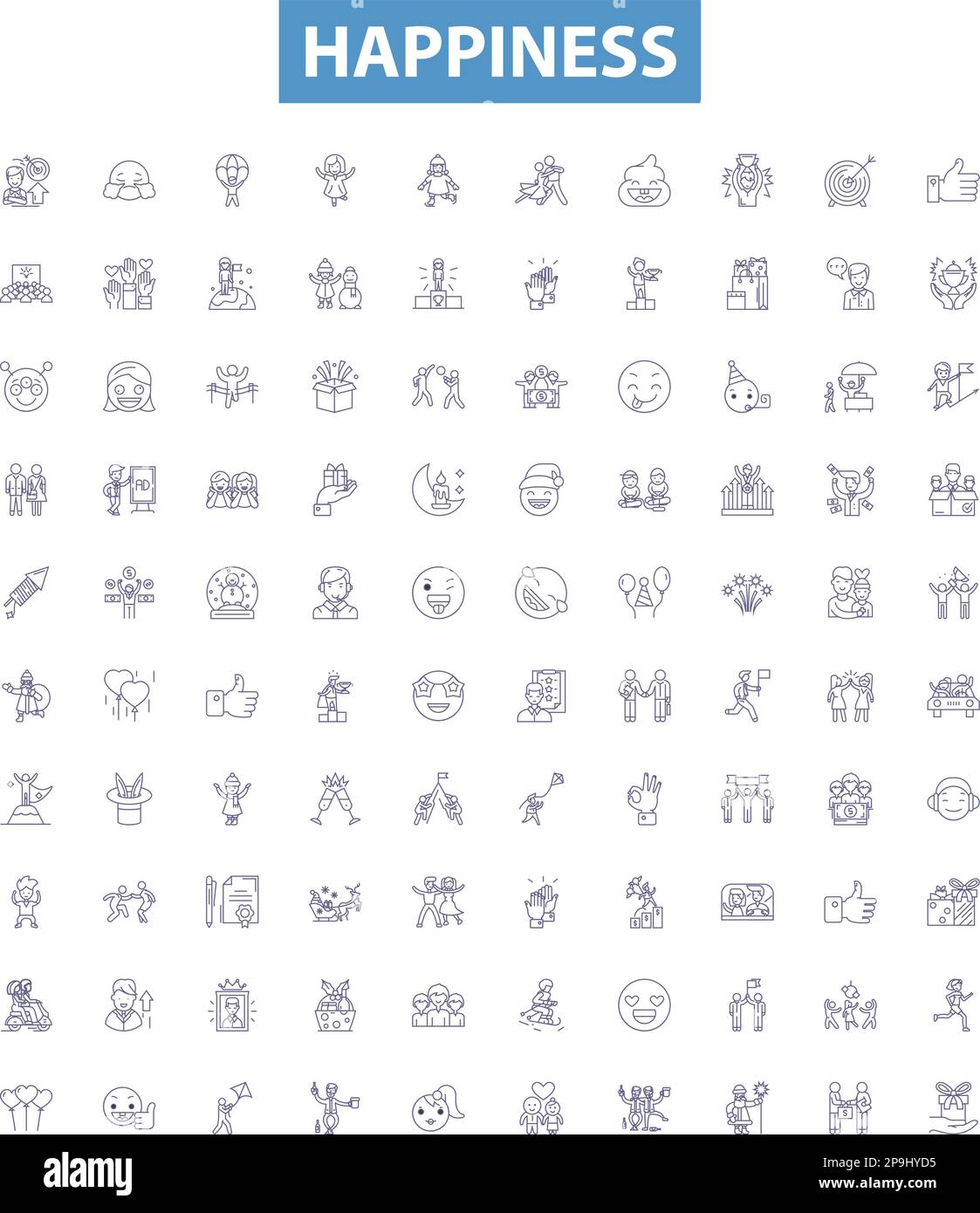 Happiness line icons, signs set. Joy, Bliss, Contentment, Fulfillment ...