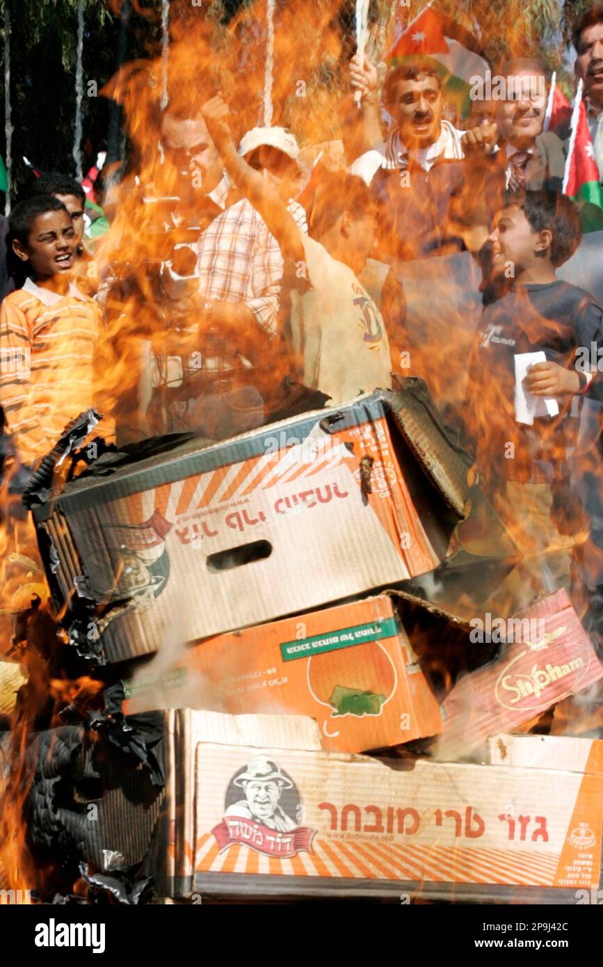 Angry Jordanian farmers and unionists set empty Israeli fruit boxes on ...