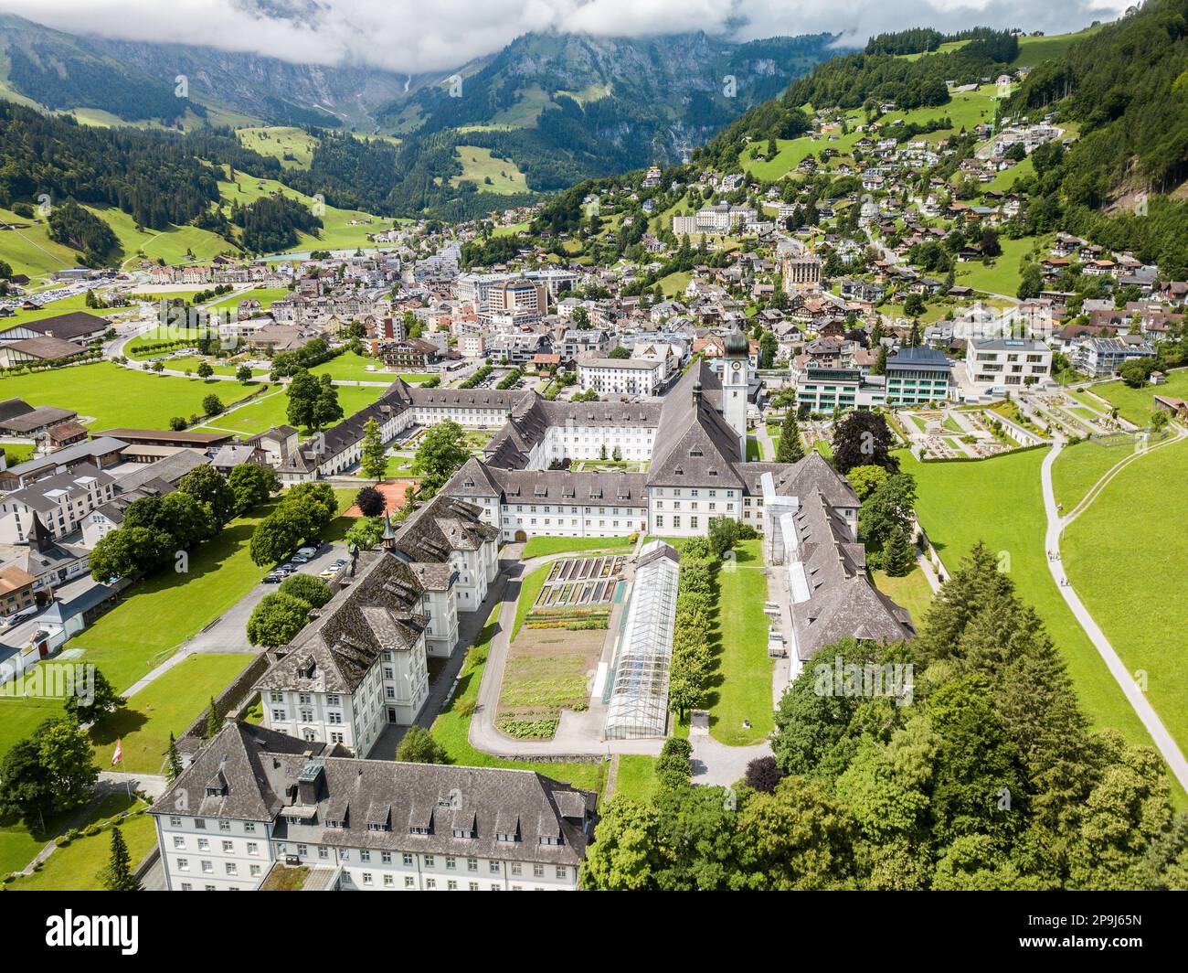 Aerial view of the Alps town Engelberg, which is a famous recreation ...