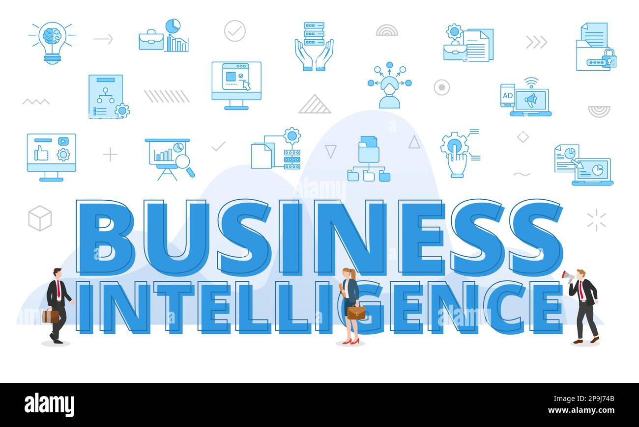 business intelligence concept with big words and people surrounded by ...