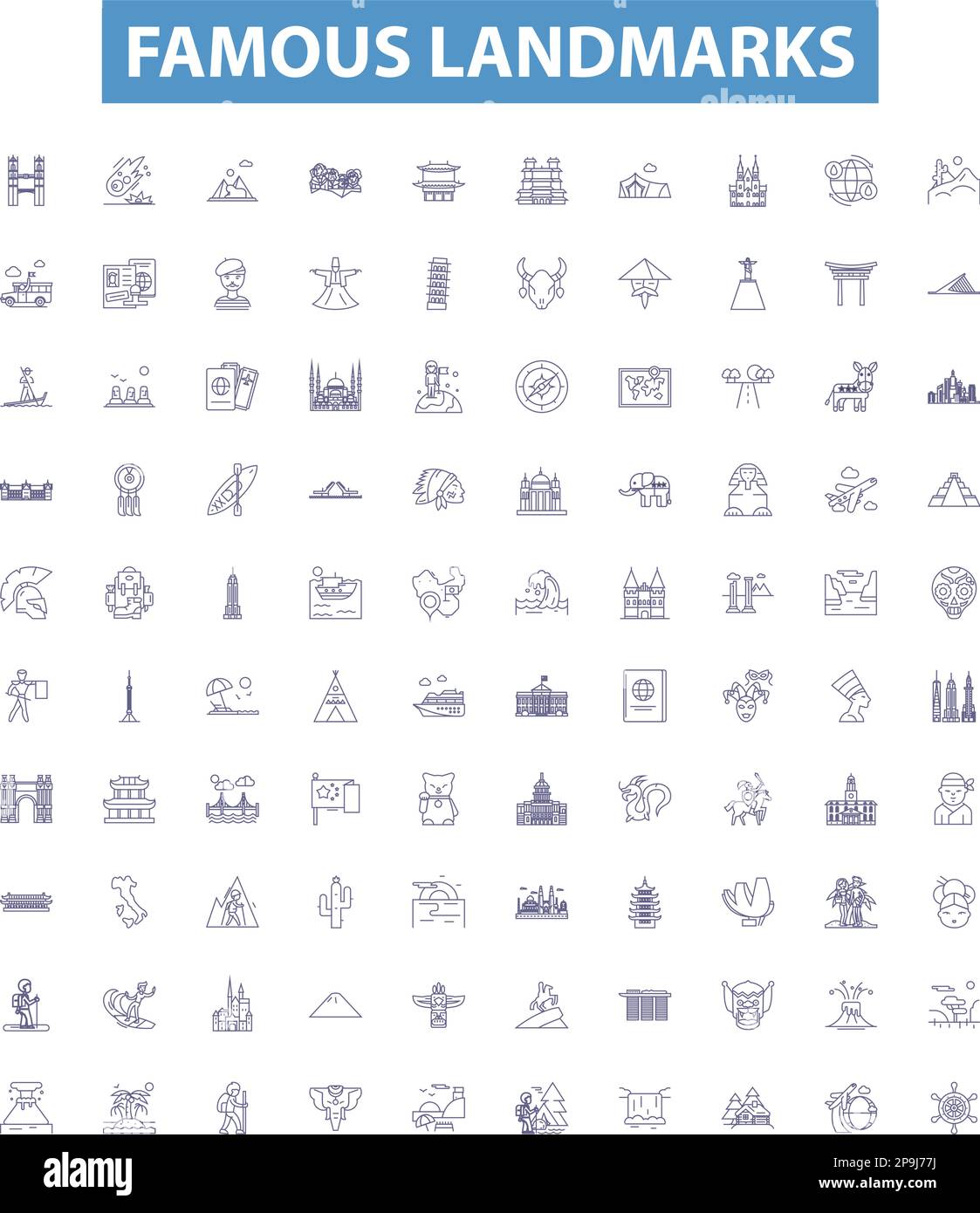 Famous landmarks line icons, signs set. Monument, Tower, Citadel ...