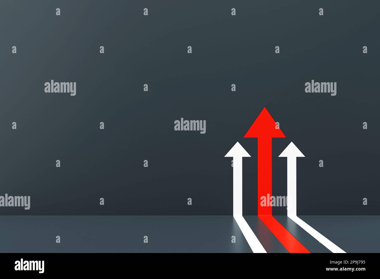 Red arrow with two white arrow going up on gray wall background ...