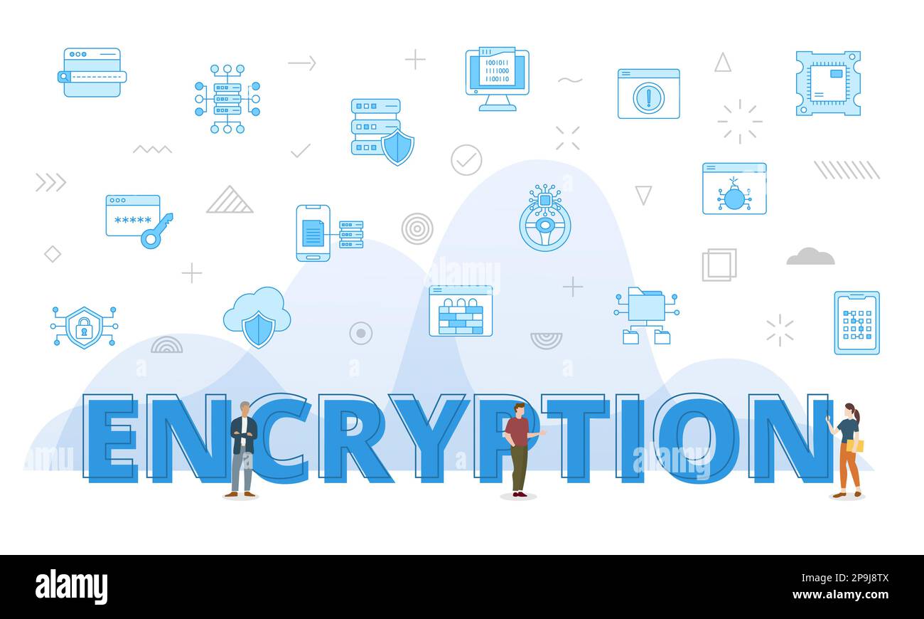 encryption concept with big words and people surrounded by related icon ...