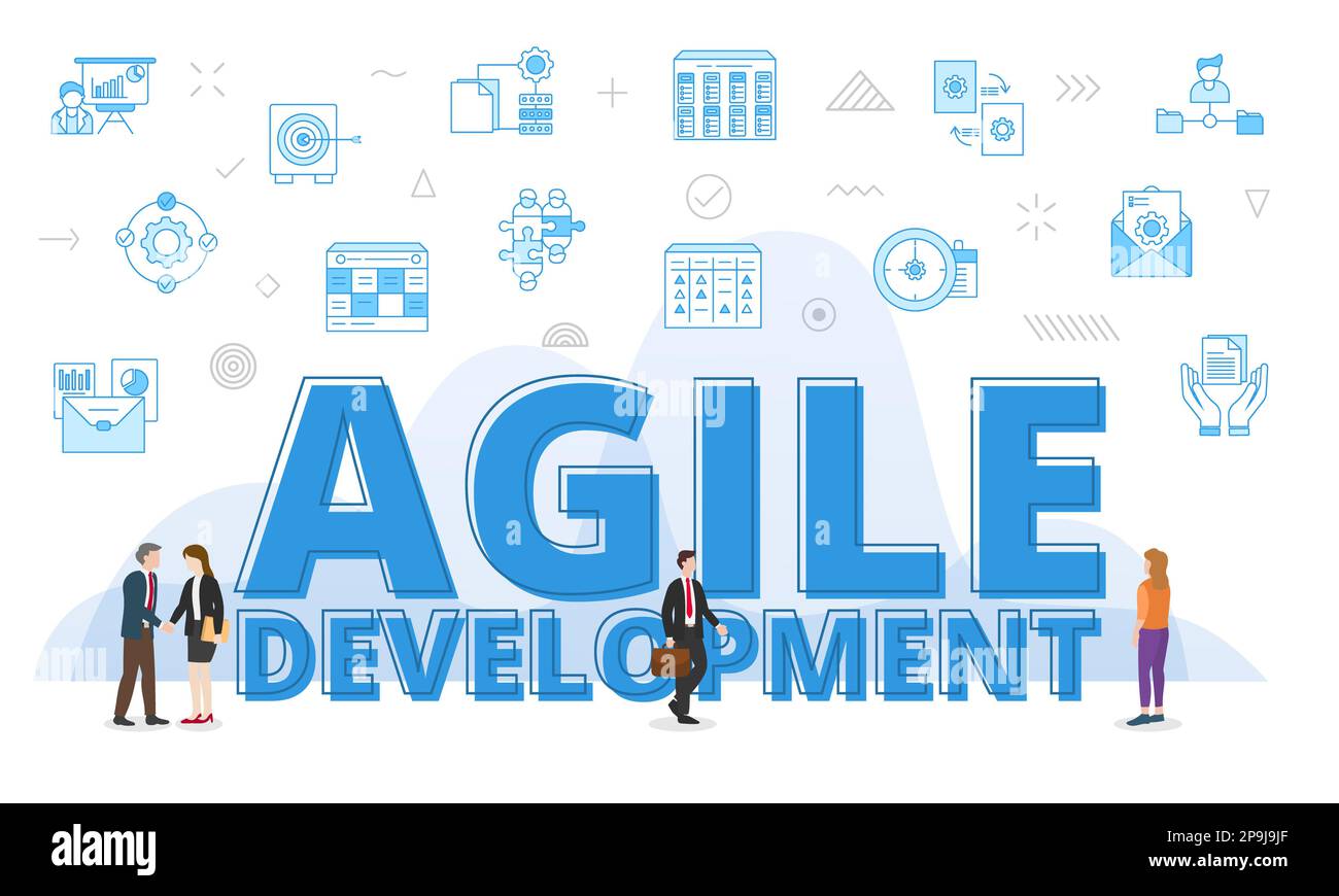 agile development concept with big words and people surrounded by ...