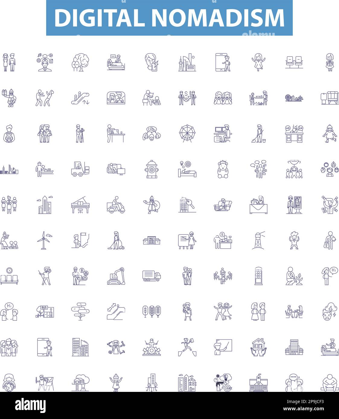 Digital nomadism line icons, signs set. Voyaging, Globetrotting, Remote ... Digital nomadism line icons, signs set. Voyaging, Globetrotting, Remote ...