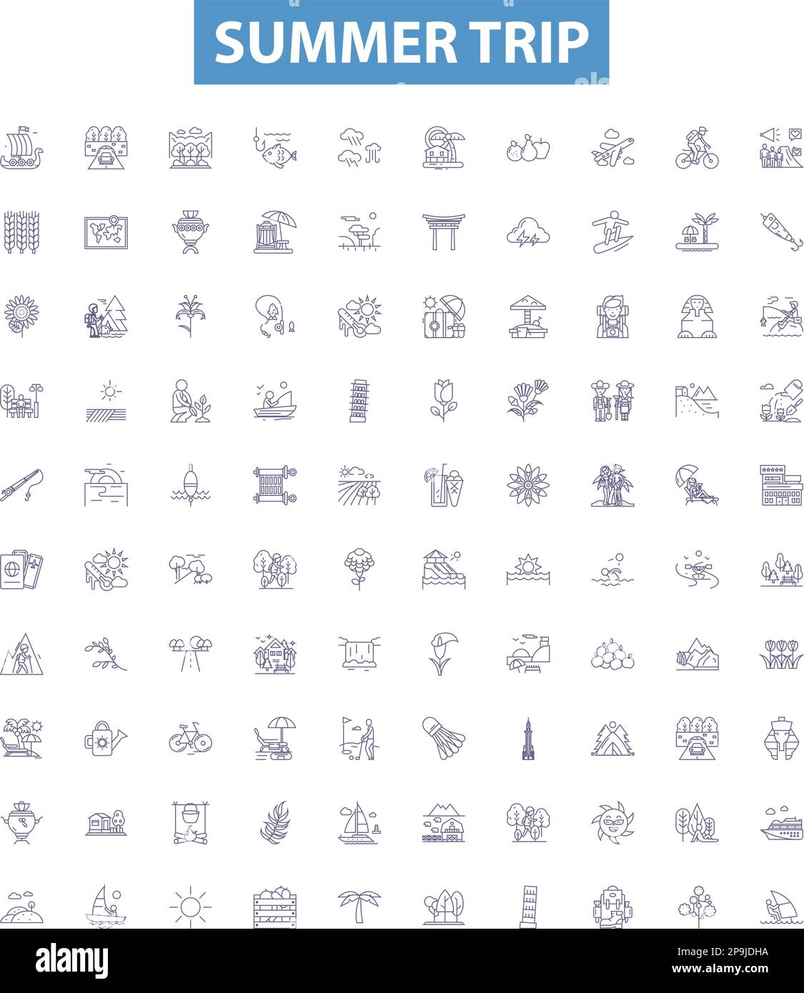 Summer trip line icons, signs set. Vacation, Getaway, Fun, Heat ...