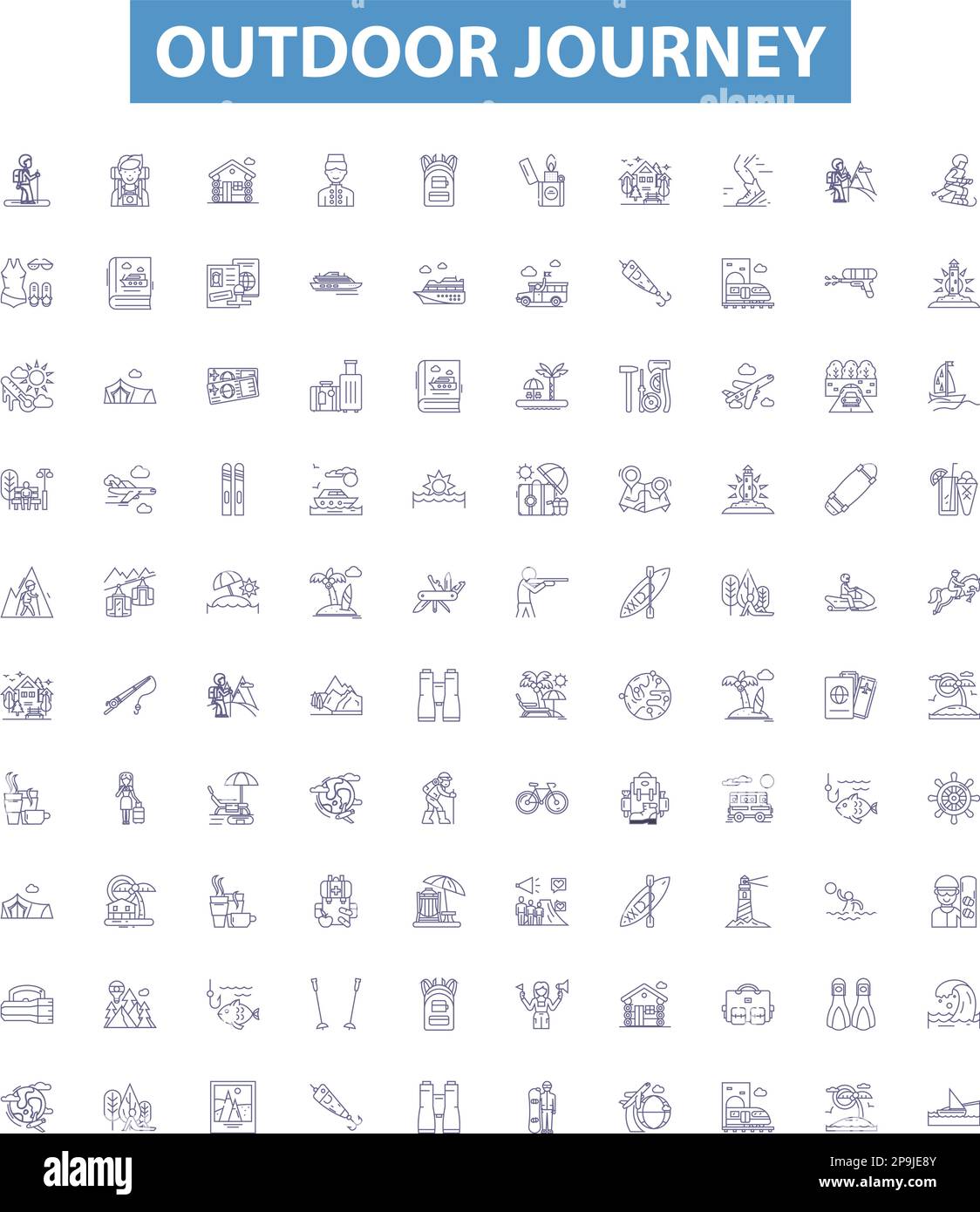 Outdoor journey line icons, signs set. Hike, Trek, Walk, Explore, Camp ...