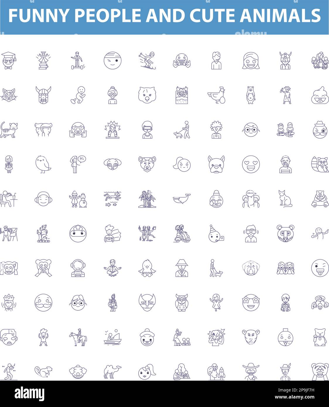 Funny people and cute animals line icons, signs set. Humorous, Furry ...