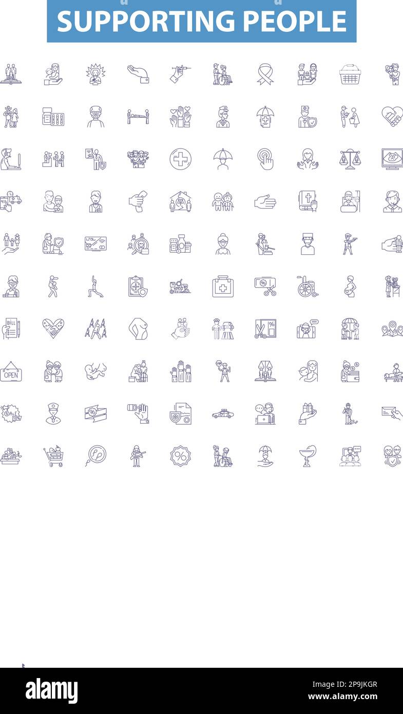 Supporting people line icons, signs set. Aid, Uplift, Assisting, Easing ...