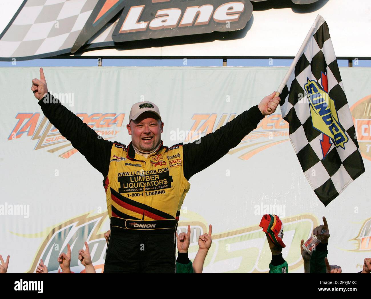 Todd Bodine reacts in Victory Lane after winning the Mountain Dew 250 ...