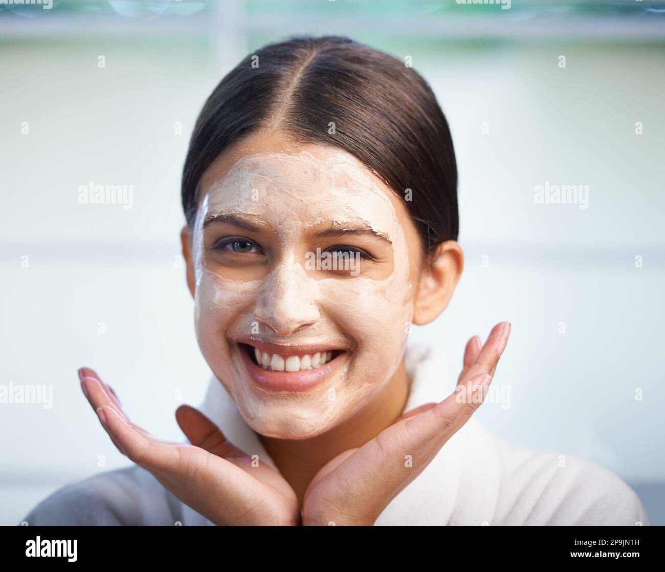 It keeps my skin pure and blemish-free. Closeup portrait of a young ...
