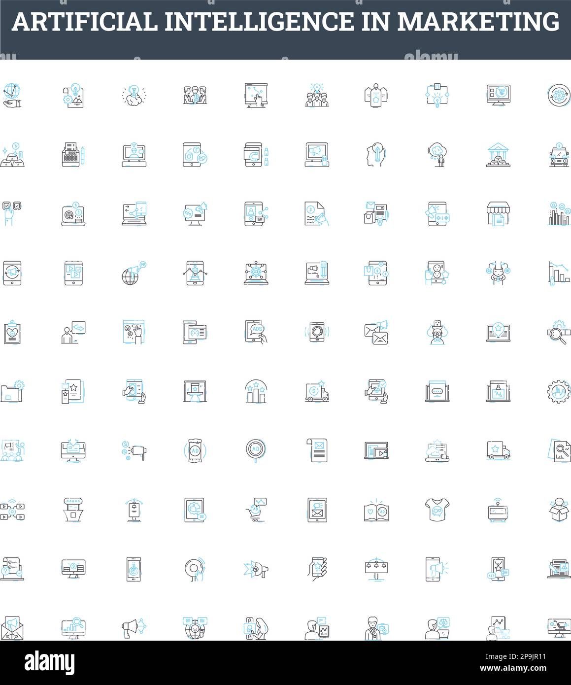 Artificial intelligence in marketing vector line icons set. AI ... Artificial intelligence in marketing vector line icons set. AI ...