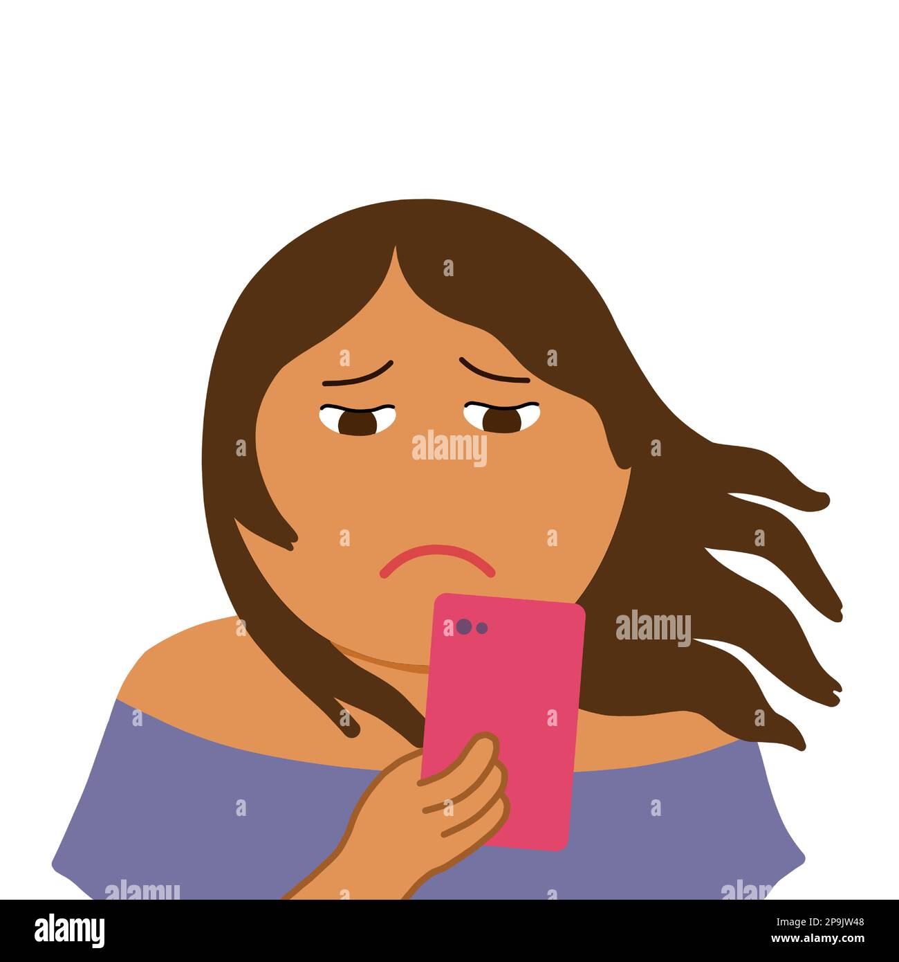 A young adult female person looking at mobile phone with sad and ...