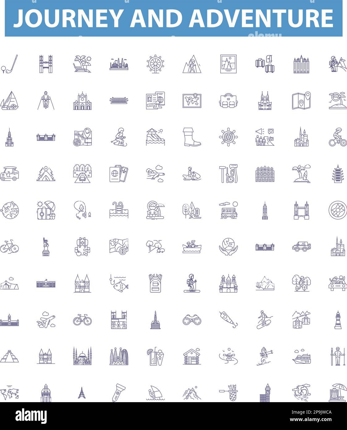 Journey and adventure line icons, signs set. Voyage, Expedition, Trek ...